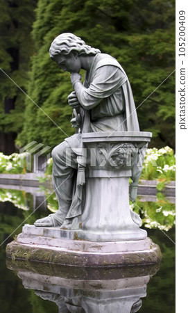 A stone statue of a young man located in a pond. - Stock Illustration ...