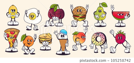 Retro cartoon food. Doodle cute colorful snacks... - Stock Illustration ...