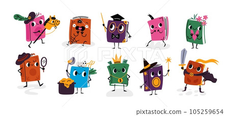 Cartoon books characters. Cute library... - Stock Illustration ...