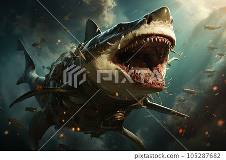 Shark in the sky, flying with a jetpack and... - Stock Illustration ...
