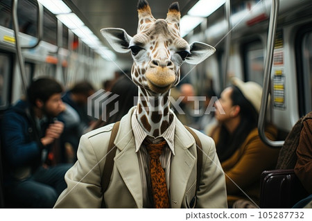 Giraffe in the subway, riding the train to work... - Stock Illustration ...