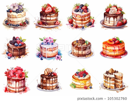 Cakes collection, delicious desserts,... - Stock Illustration ...