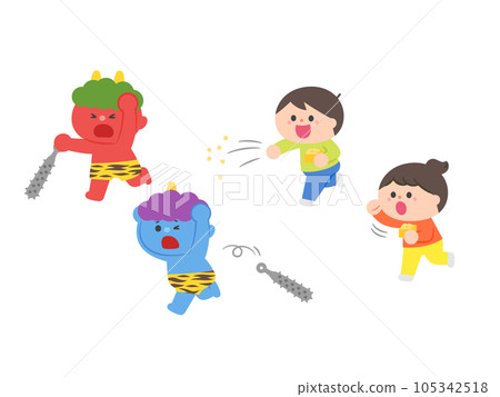 Setsubun Children Throwing Beans and Demons... - Stock Illustration ...