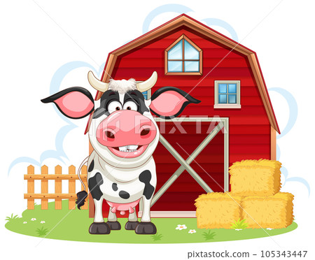 Cow with barn in cartoon style - Stock Illustration [105343447] - PIXTA