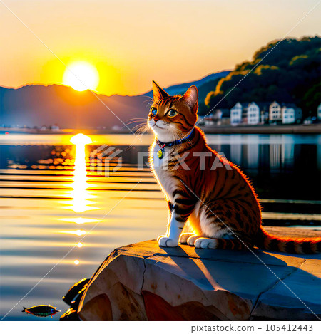 cat and sunset - Stock Illustration [105412443] - PIXTA