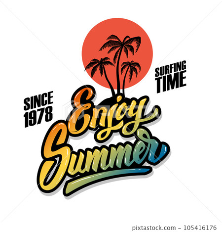 Enjoy summer. Emblem template with sun and palm... - Stock Illustration ...