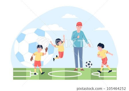 Kids playing football with trainer, soccer... - Stock Illustration ...
