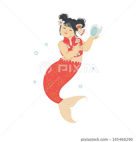 Beautiful Japanese mermaid holding shell flat... - Stock Illustration ...