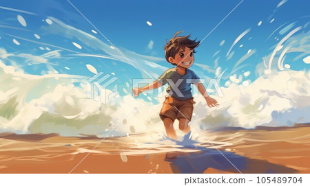 Happy young boy playing in the ocean waves on a... - Stock Illustration ...