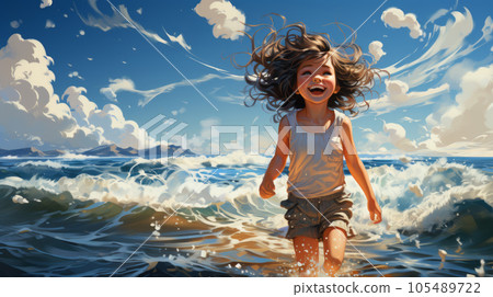 Happy young girl playing in the ocean waves on... - Stock Illustration ...
