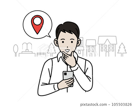 A young man checking his current location on... - Stock Illustration ...