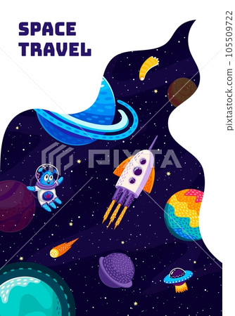 Space travel poster. Cartoon flying rocket... - Stock Illustration ...