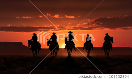 Five cowboys riding a horses during sunset.-插圖素材 [105532894] - PIXTA圖庫