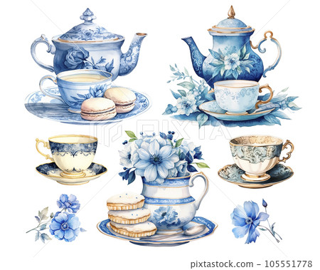 Watercolor hand drawn set of tea party... - Stock Illustration ...