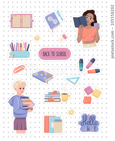 School collection of stickers with schoolgirl... - Stock Illustration ...