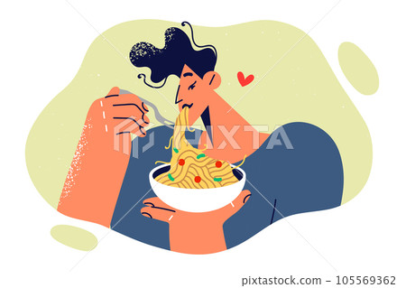 Man eats spaghetti or pasta ordered from... - Stock Illustration ...