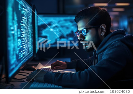 Male programmer in eyeglasses works in front of...-插圖素材 [105624080 ...