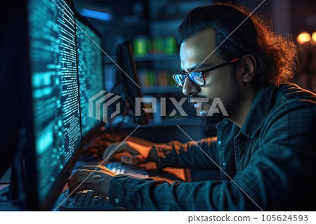 Young male programmer in eyeglasses works in...-插圖素材 [105624593] - PIXTA圖庫