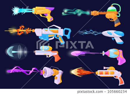 Blasters shoot. Plasmic laser guns, beam... - Stock Illustration ...