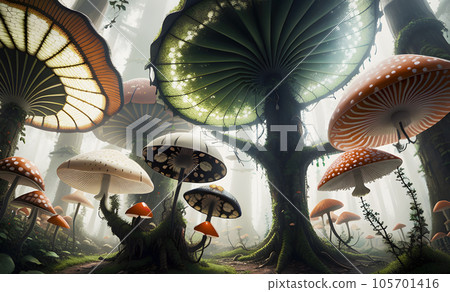 Mushroom forest of fly agaric in dense fog,...-插圖素材 [105701416] - PIXTA圖庫