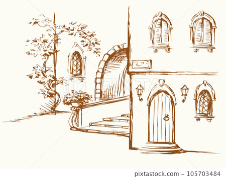 Vector Sketch. Old quiet courtyard - Stock Illustration [105703484] - PIXTA
