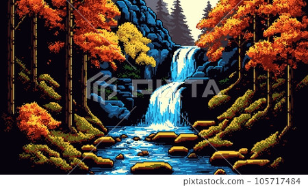 8bit pixel art waterfall cascade and autumn... - Stock Illustration [105717484] - PIXTA