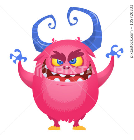 Scared cartoon pink monster waving. Vector cute...-插圖素材 [105720833 ...