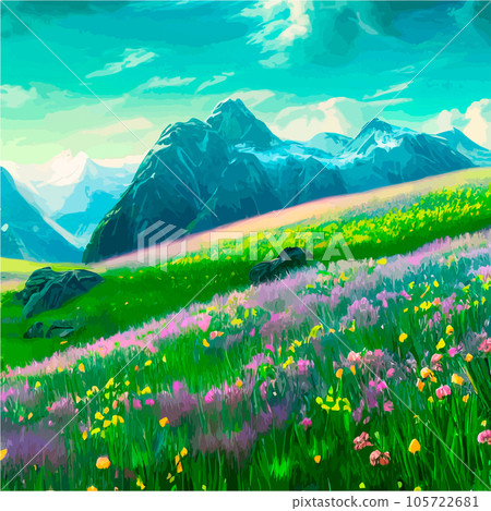 Beautiful field of tulips growing on the slope,... - Stock Illustration ...