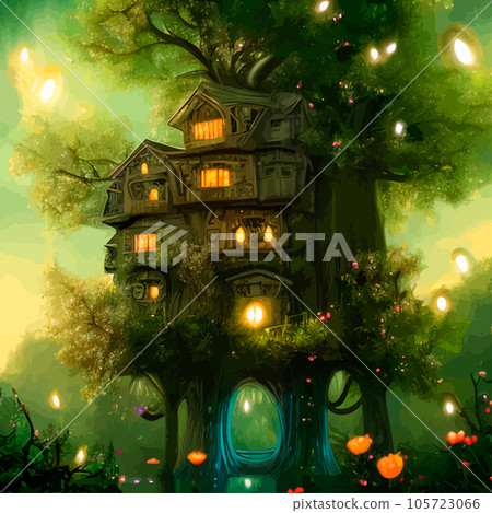 Fairy-tale house in a tree with a roof... - Stock Illustration ...