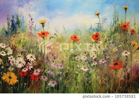 Beautiful wild flower field in summer season....-插圖素材 [105738581] - PIXTA圖庫