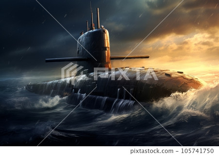 A nuclear submarine sailing in rough seas: an... - Stock Illustration ...