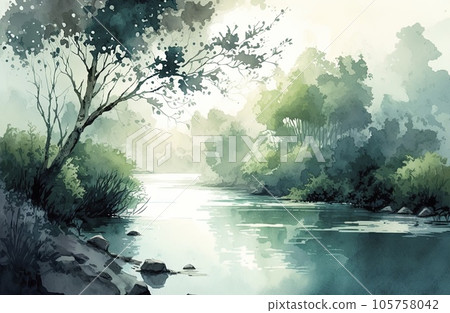 Tranquil Watercolor River with Calming Tones - Stock Illustration ...