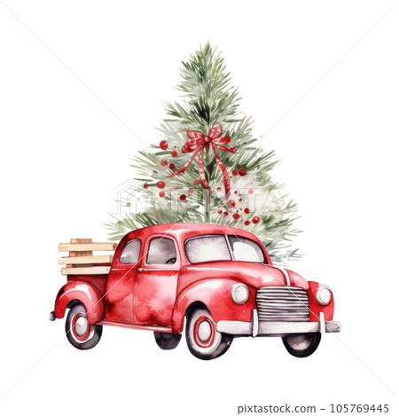 Cute christmas watercolor red retro car with... - Stock Illustration ...