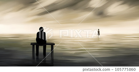 Two lonely people standing in the sea Digital... - Stock Illustration ...