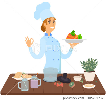 Female kitchener serves dish from chef, healthy... - Stock Illustration ...