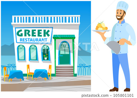 Male character with meal of Greek cuisine. Man... - Stock Illustration ...