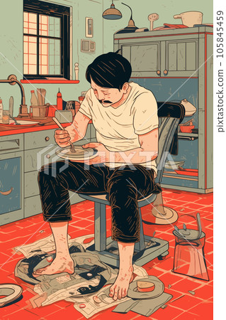 Miserable poor man eating lunch alone in a... - Stock Illustration ...