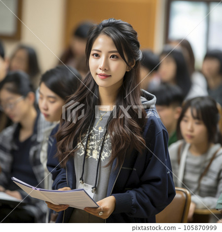 Japanese female college student taking a class... - Stock Illustration ...