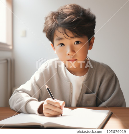 Elementary school boy studying AI generation - Stock Illustration ...