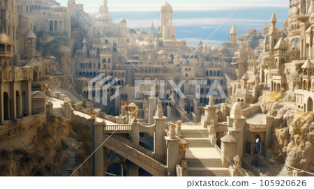 A great fantasy city over a river valley with... - Stock Illustration ...