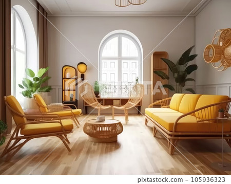 Yellow Japanese style living room with wooden... - Stock Illustration ...