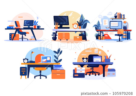 Hand Drawn desk in the office is organized in... - Stock Illustration ...