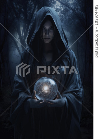 Witch cast a spell with a magical crystal ball,... - Stock Illustration ...
