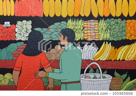 Indian couple in front of shelves with fresh... - Stock Illustration ...