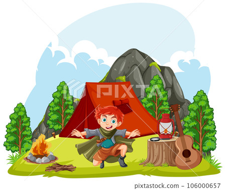 Tent Camp Scene with Boy Character - Stock Illustration [106000657] - PIXTA