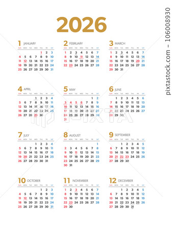2026 annual calendar vertical with holidays and... - Stock Illustration [106008930] - PIXTA