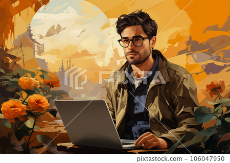 Man sitting at table with laptop computer in... - Stock Illustration ...