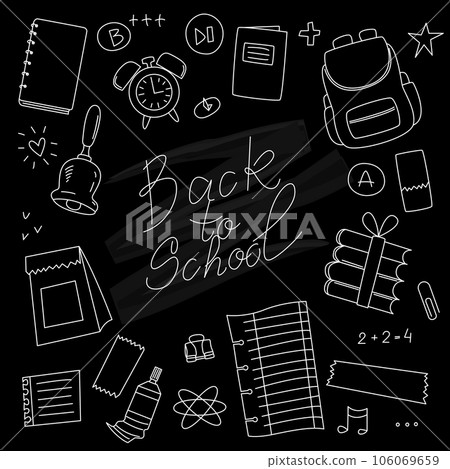 Doodle style illustration of school supplies... - Stock Illustration ...