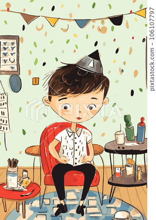 Sad boy sitting alone at his birthday party.... - Stock Illustration ...