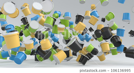 Many of flying plastic cans or buckets on white... - Stock Illustration ...